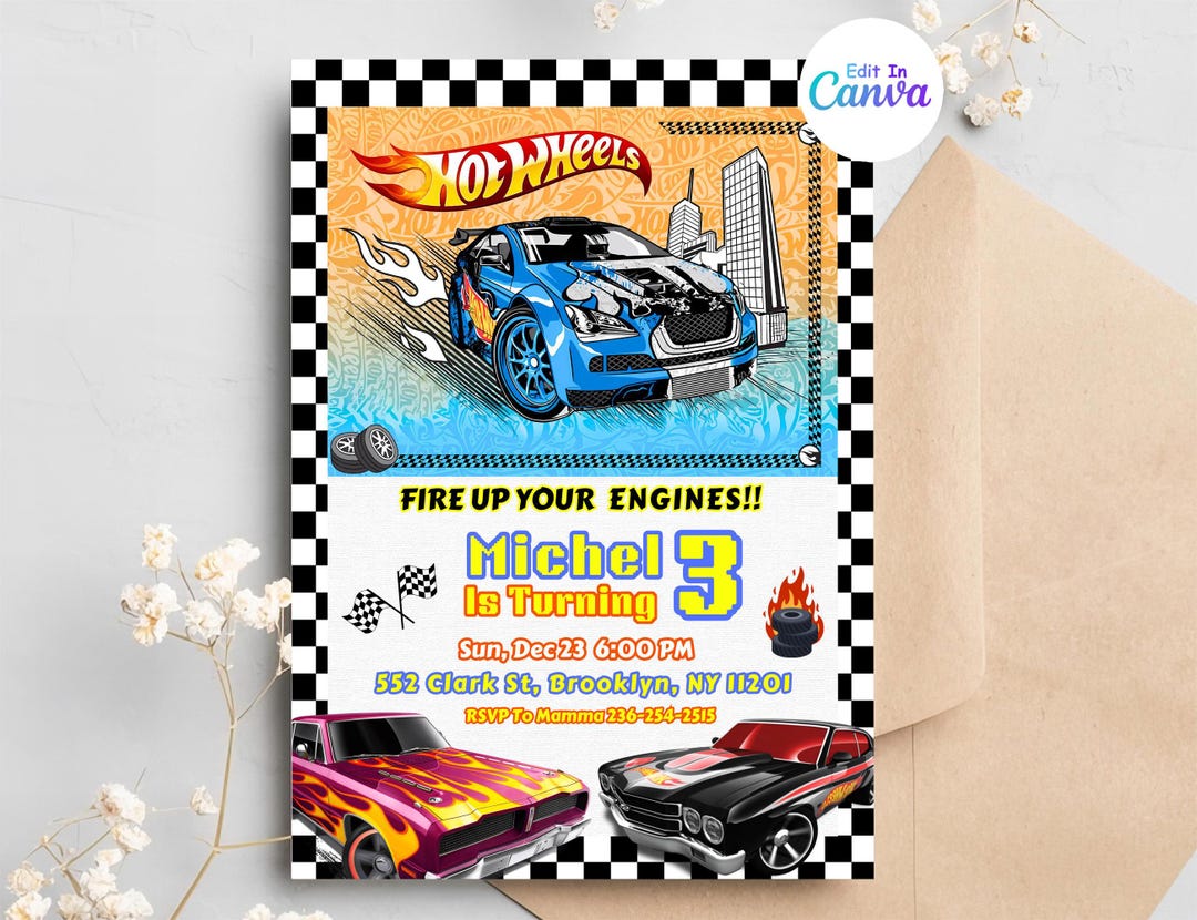 Hot Car Wheel Invitation, Race Cars Birthday Invitation, Digital Hot ...