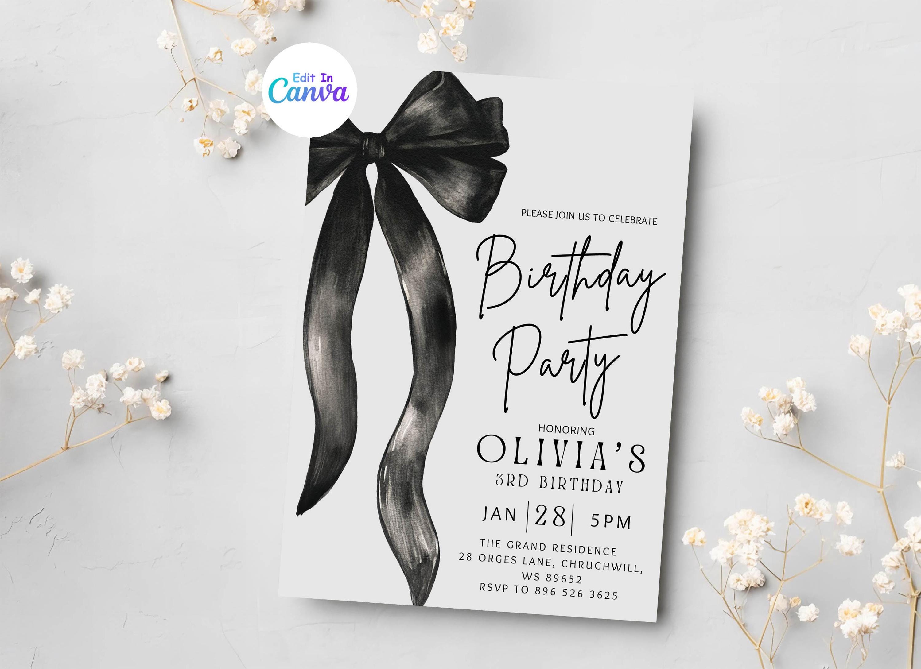 EDITABLE Black Bow Invitation, Minimalist Black Watercolor Ribbon ...
