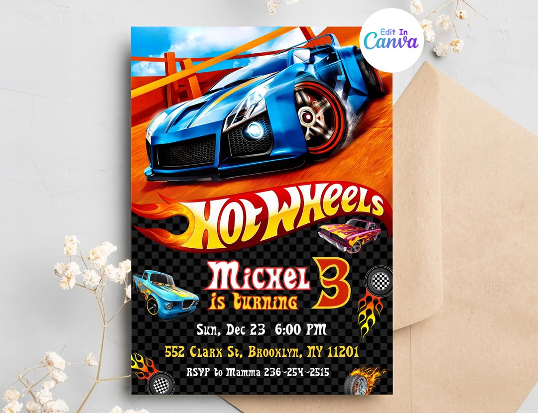 Hot Car Wheel Invitation, Race Cars Birthday Invitation, Digital Hot ...