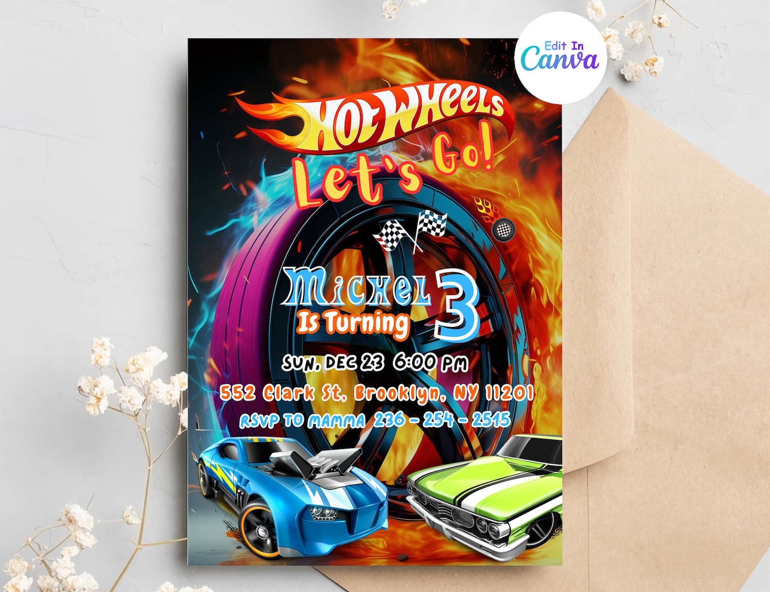 Hot Car Wheel Invitation, Race Cars Birthday Invitation, Neon Digital ...