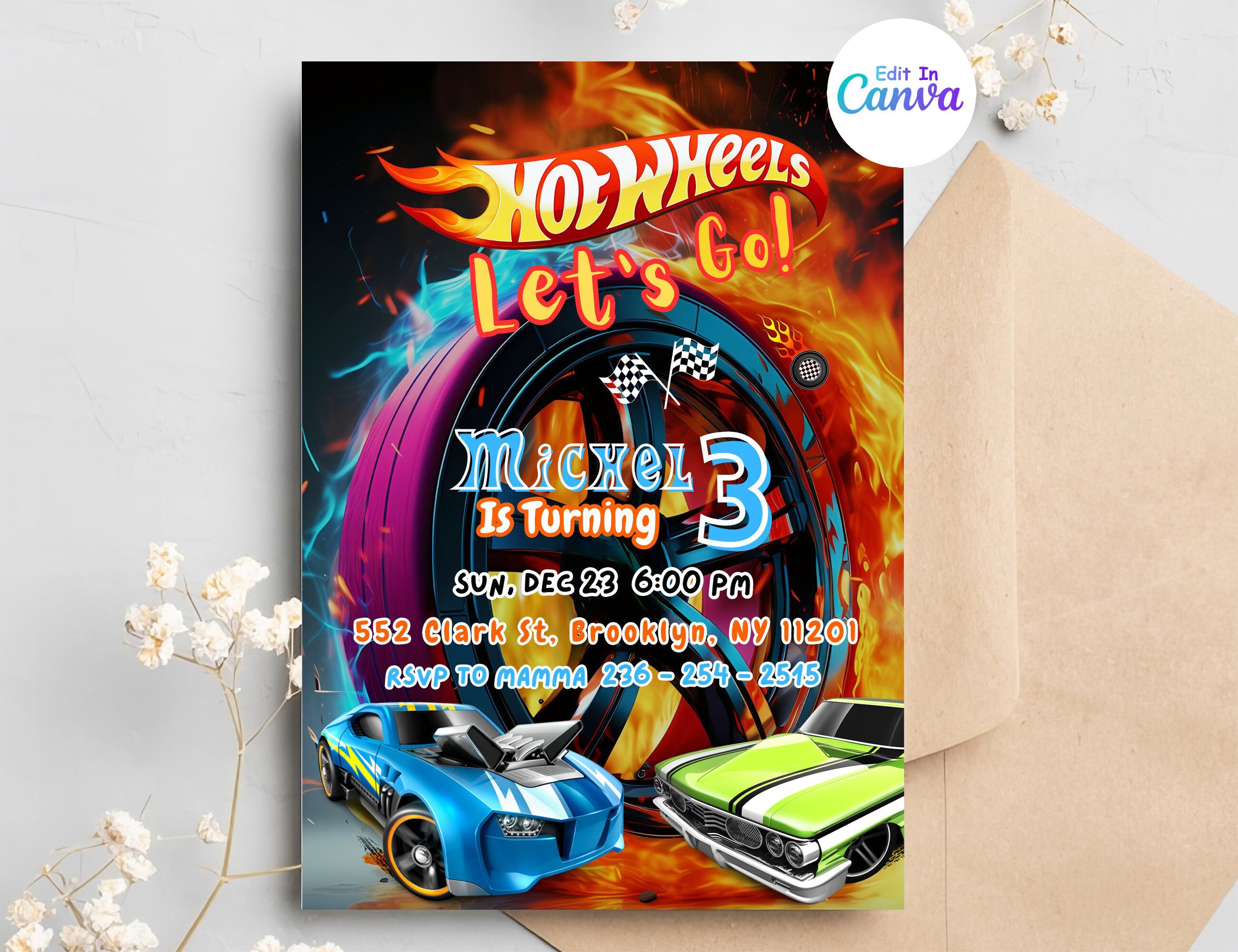 Hot Car Wheel Invitation, Race Cars Birthday Invitation, Neon Digital ...