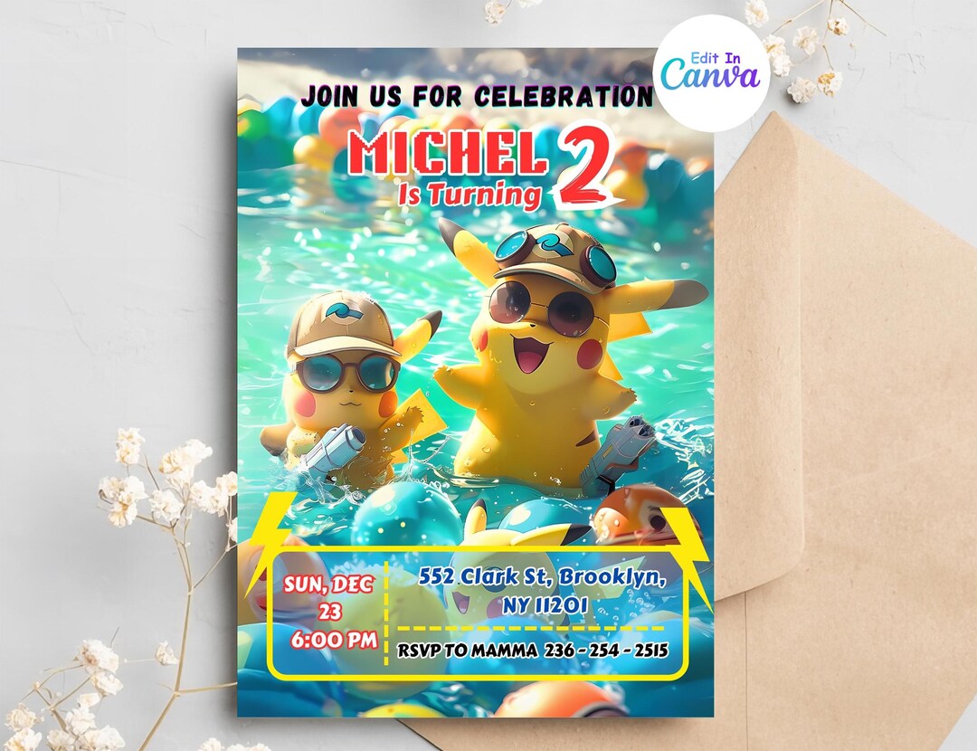 Invitación de cumpleaños de la fiesta de la piscina de Pokamon ...