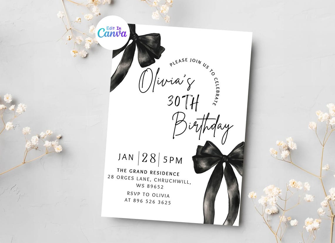 EDITABLE Black Bow Invitation, Black Ribbon Invitation, Minimalist ...