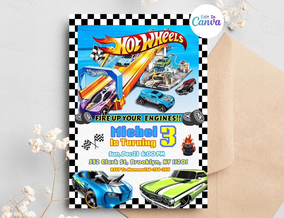 Hot Car Wheel Invitation, Race Cars Birthday Invitation, Digital Hot ...