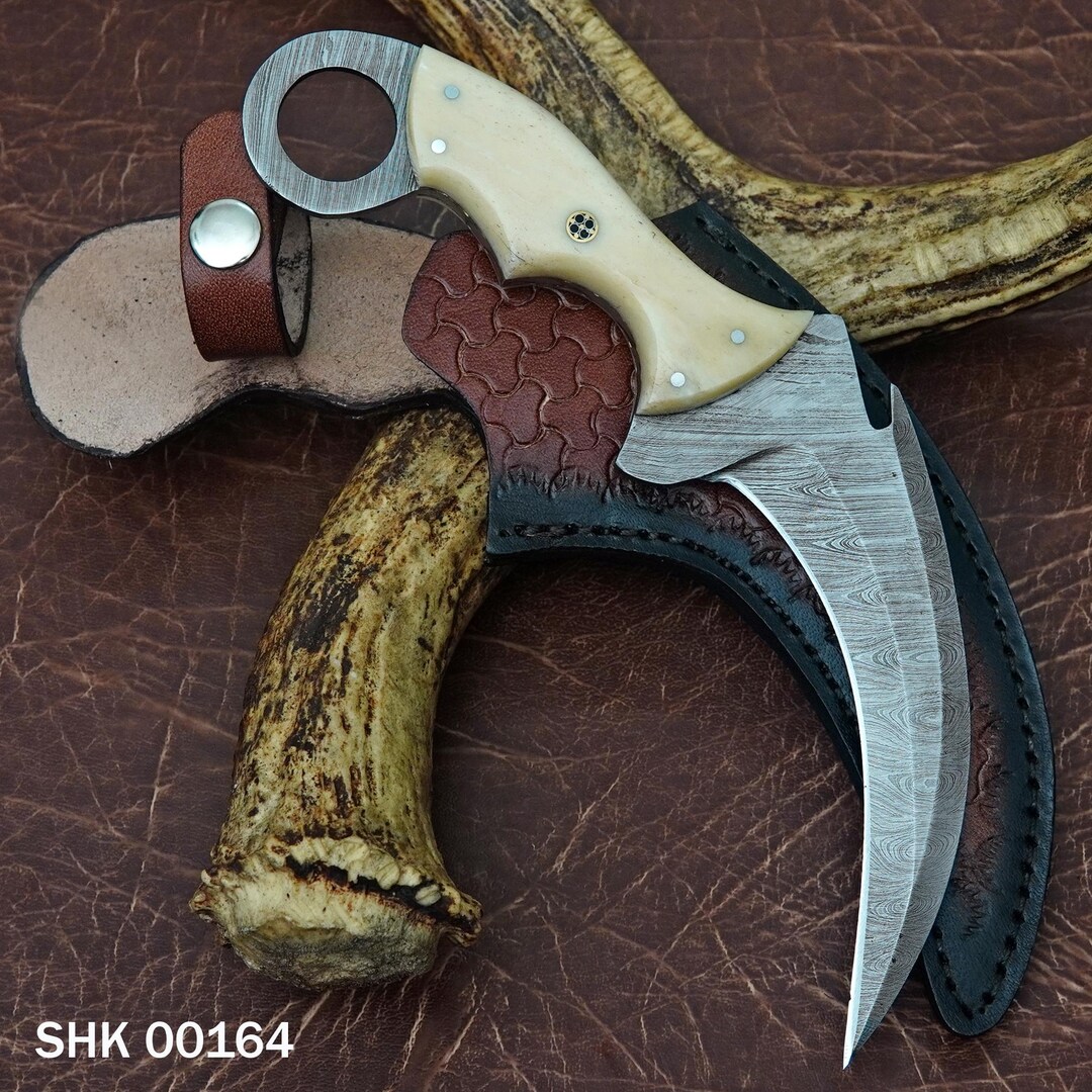 Custom Handmade Damascus Steel Karambit Knife - Unique Leather Sheath ...