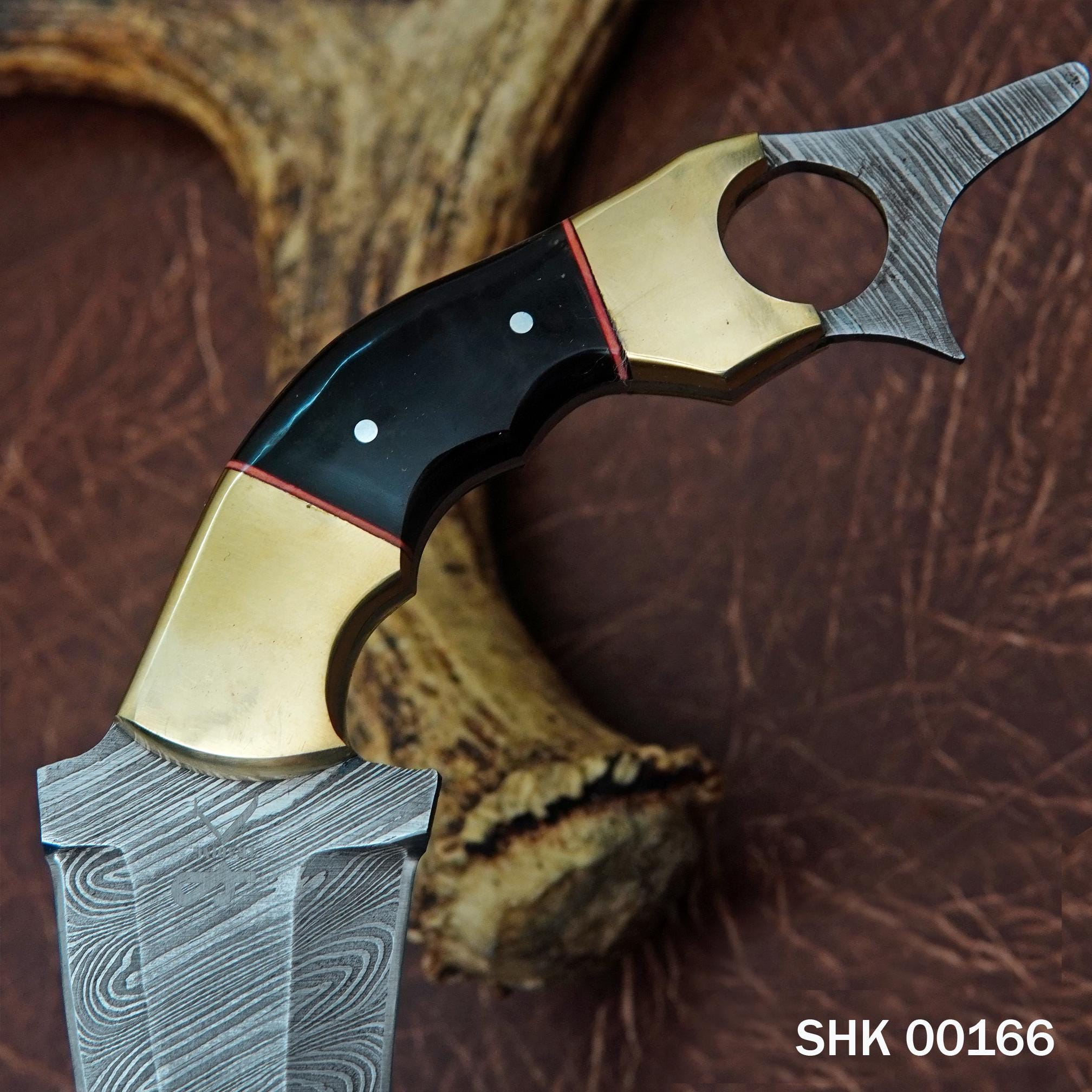 Handmade Damascus Steel Karambit Knife: Buffalo Horn Handle, Leather ...