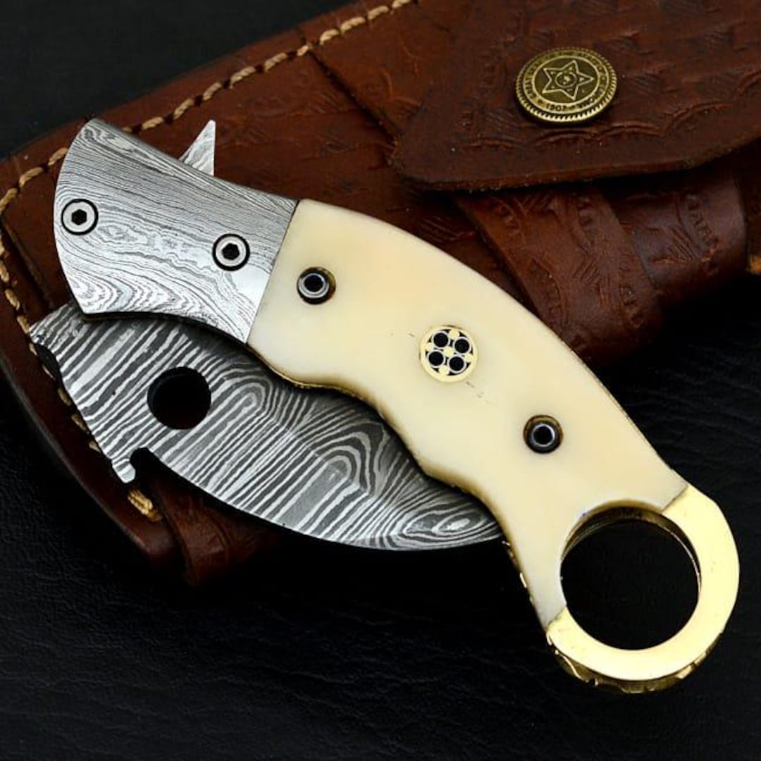 Handmade Damascus Steel Karambit Folding Knife: Camel Bone Handle ...