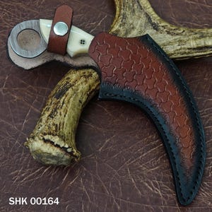 Handmade Damascus Steel Karambit Knife: Camel Bone Handle, Leather ...