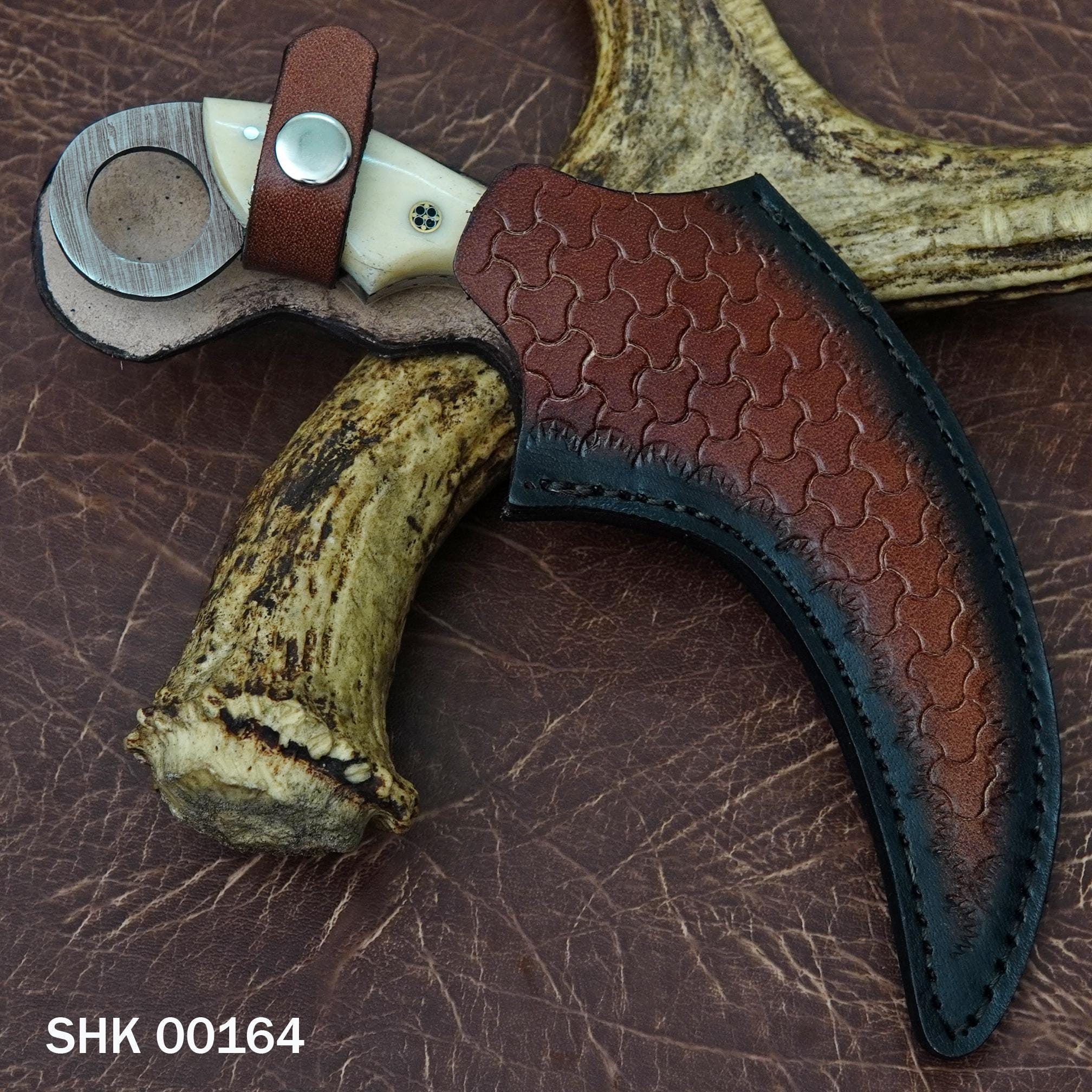 Handmade Damascus Steel Karambit Knife: Camel Bone Handle, Leather ...