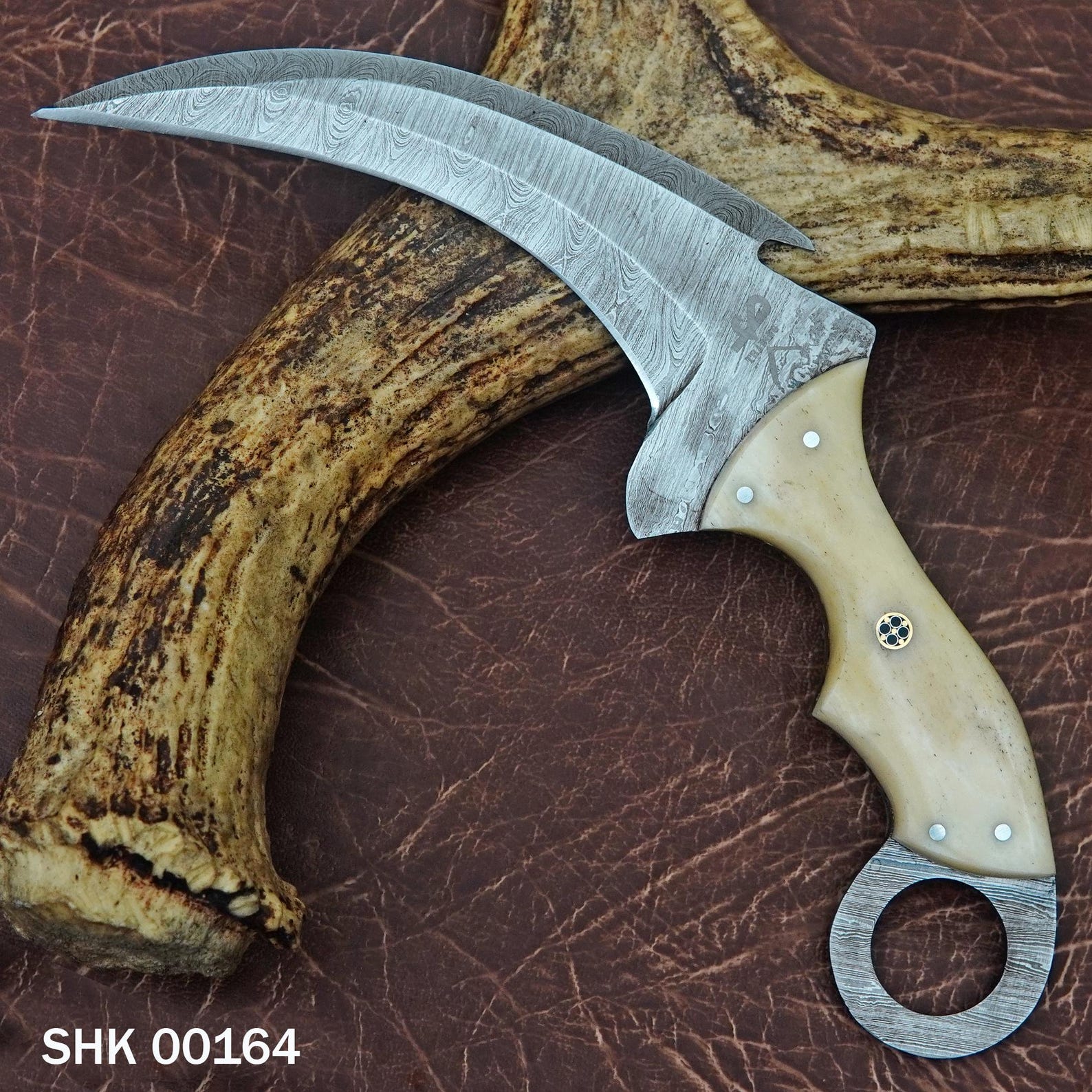 Handmade Damascus Steel Karambit Knife: Camel Bone Handle, Leather ...