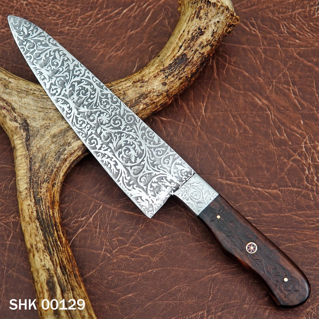 Engraved Chef Knife: 440C Stainless Steel, Rosewood Handle, Leather ...