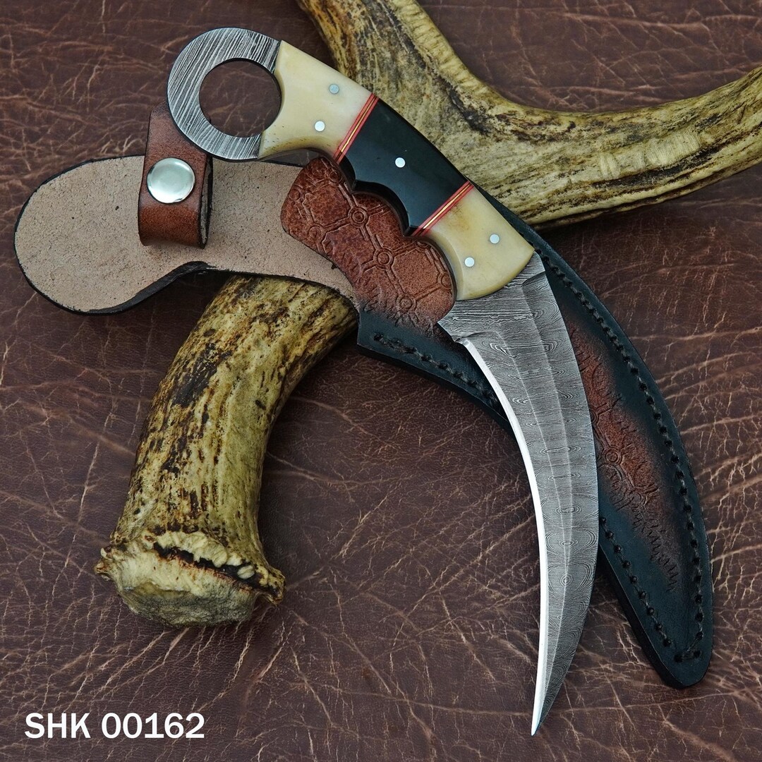 Custom Handmade Damascus Steel Karambit Knife - Unique Leather Sheath ...