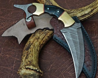 Handmade Damascus Steel Karambit Knife: Camel Bone Handle, Leather ...