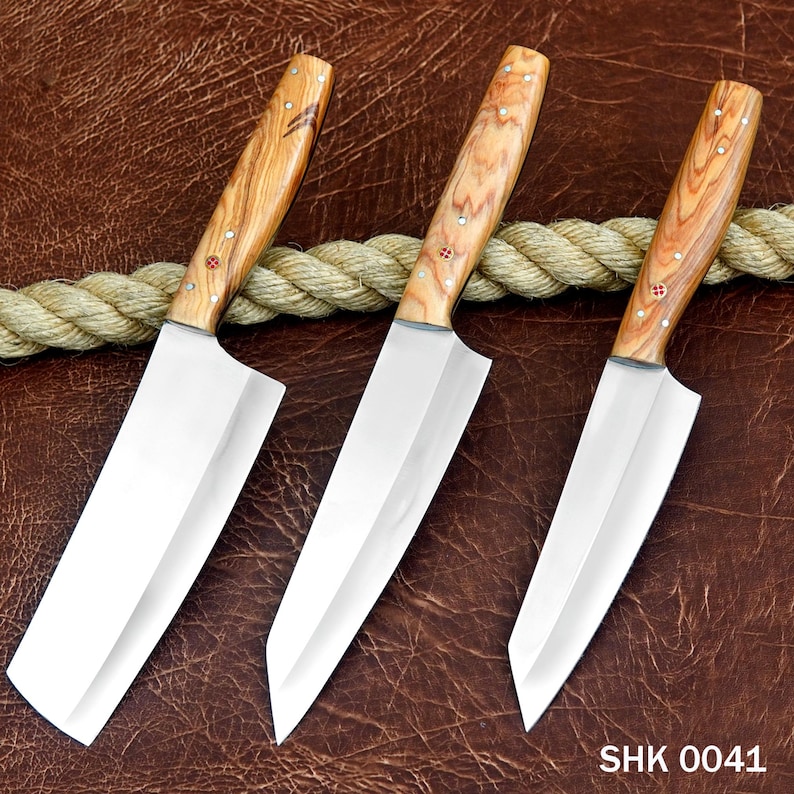 Custom Handmade D2 Tool Steel 3 Piece Chef Set Chef Knife Pairing Knife ...