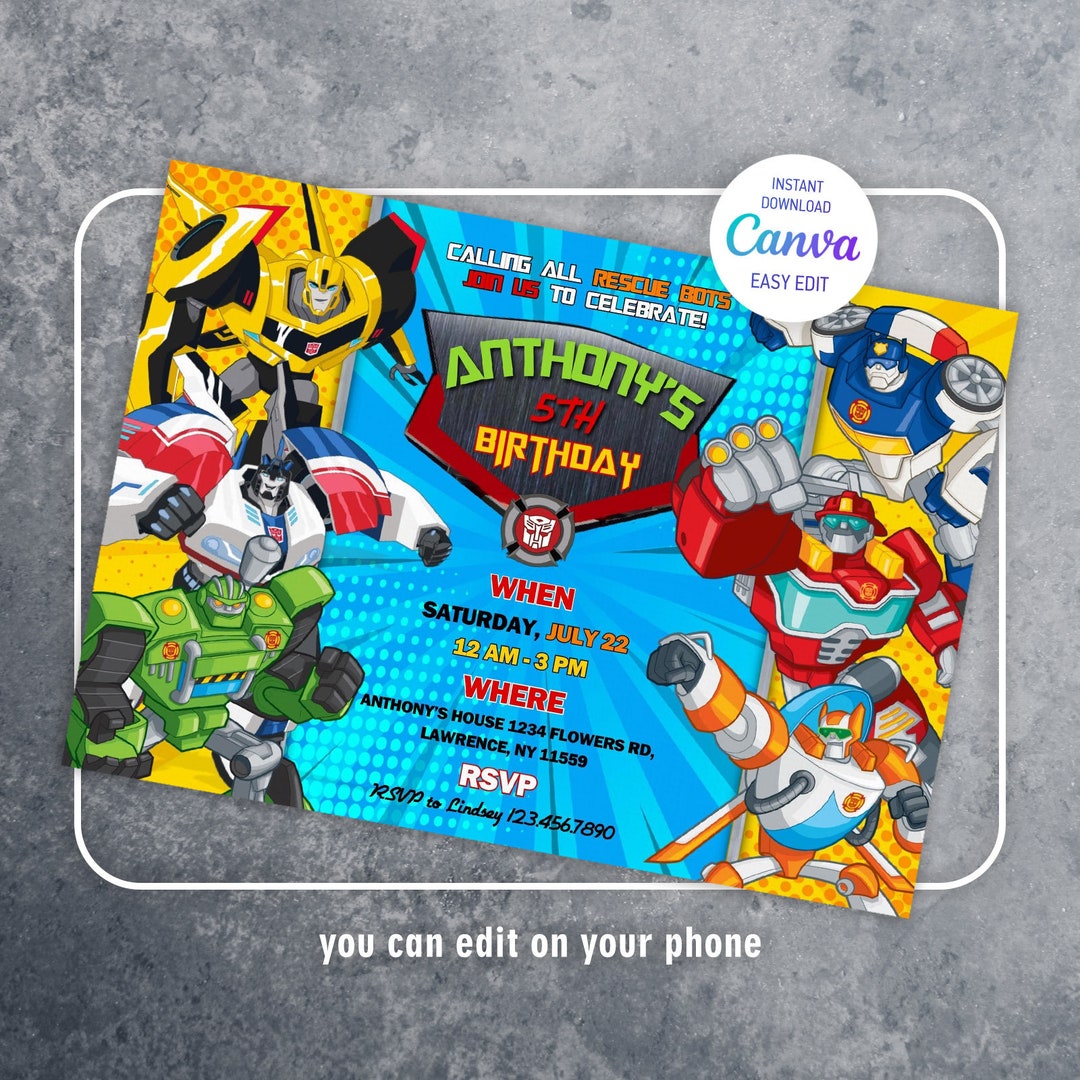 Transformer Invitation, Rescue Bots Birthday Invite, Optimus Prime ...