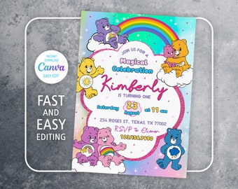 Printable Editable Care Bears Birthday Invitation, Birthday Party ...
