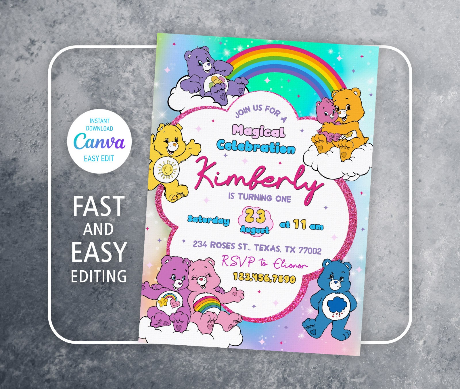 Printable Editable Care Bears Birthday Invitation, Birthday Party ...
