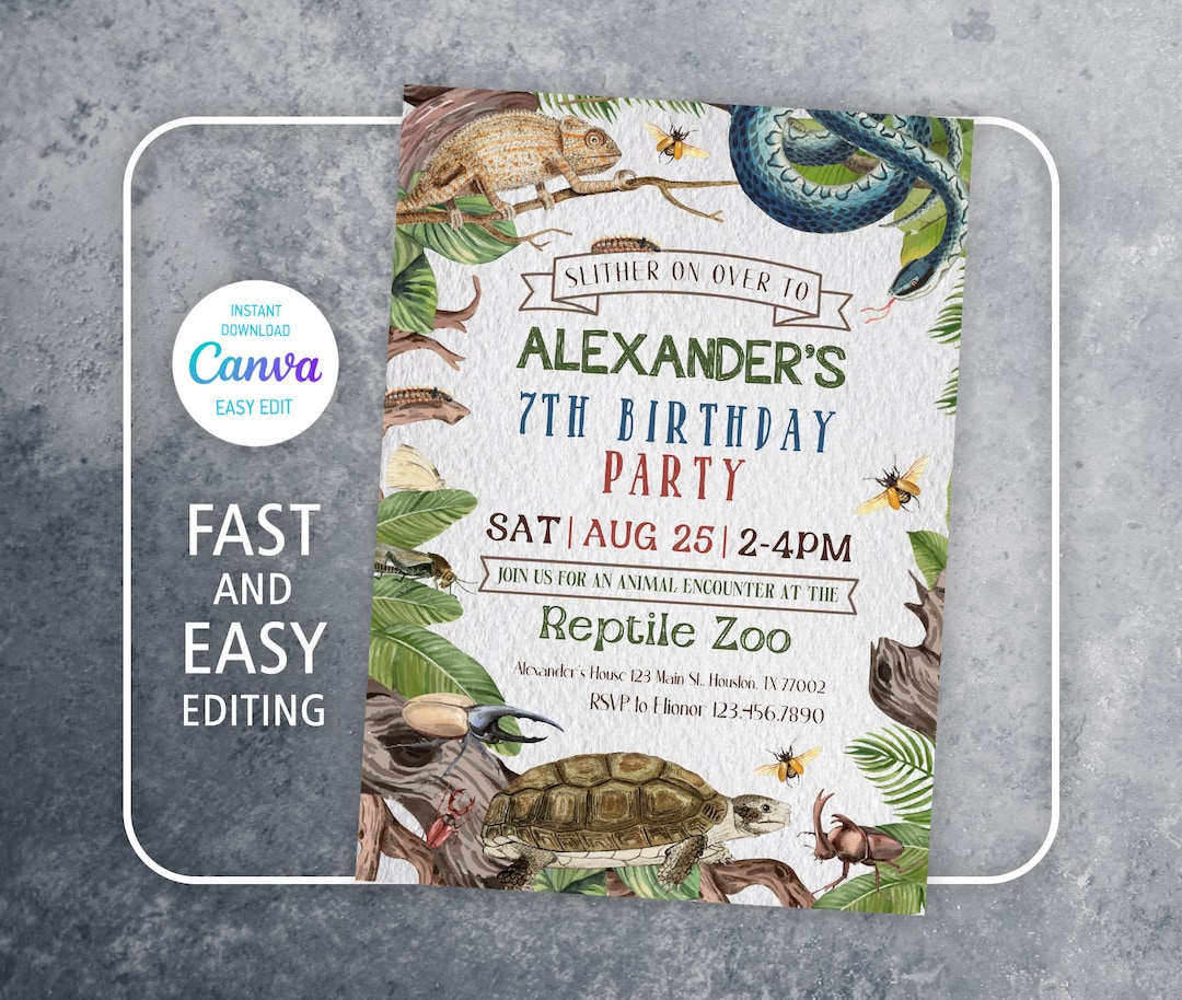 Editable Reptile Birthday Invitation, Snake, Lizard, Canva Template ...