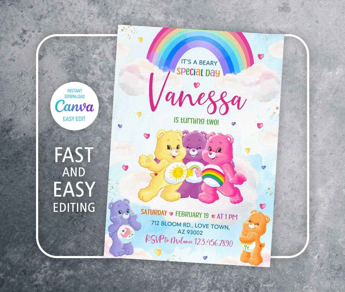 Invitación de cumpleaños de Care Bears editable imprimible, invitación ...