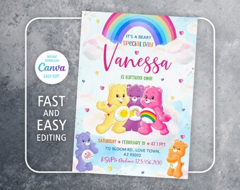 Printable Editable Care Bears Birthday Invitation, Birthday Party ...