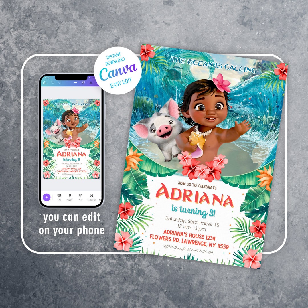 Moana Invitation, Printable Birthday Invitation, Editable Invitation ...
