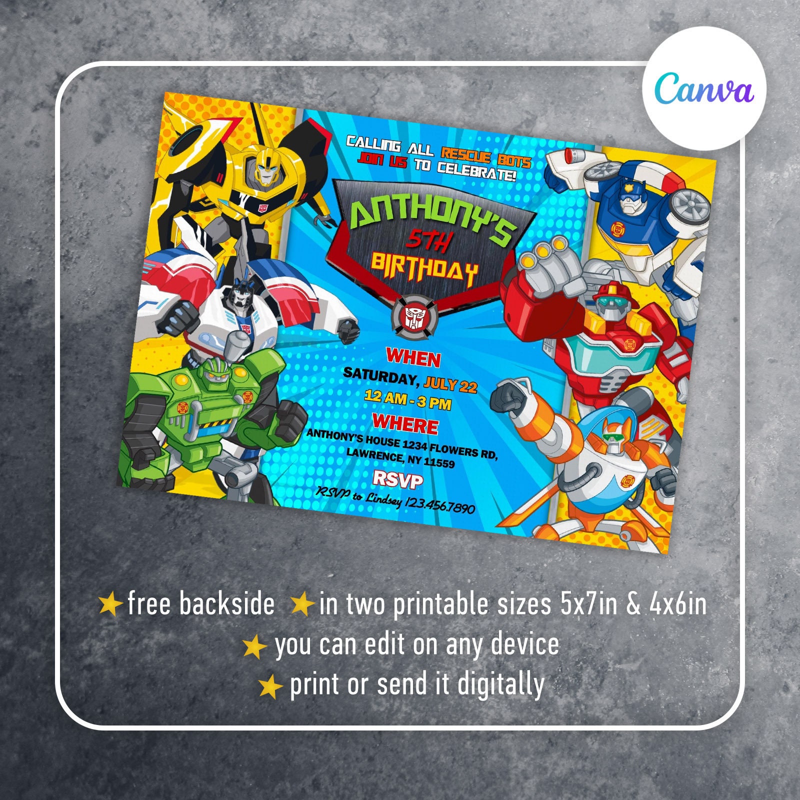 Transformer Invitation, Rescue Bots Birthday Invite, Optimus Prime ...