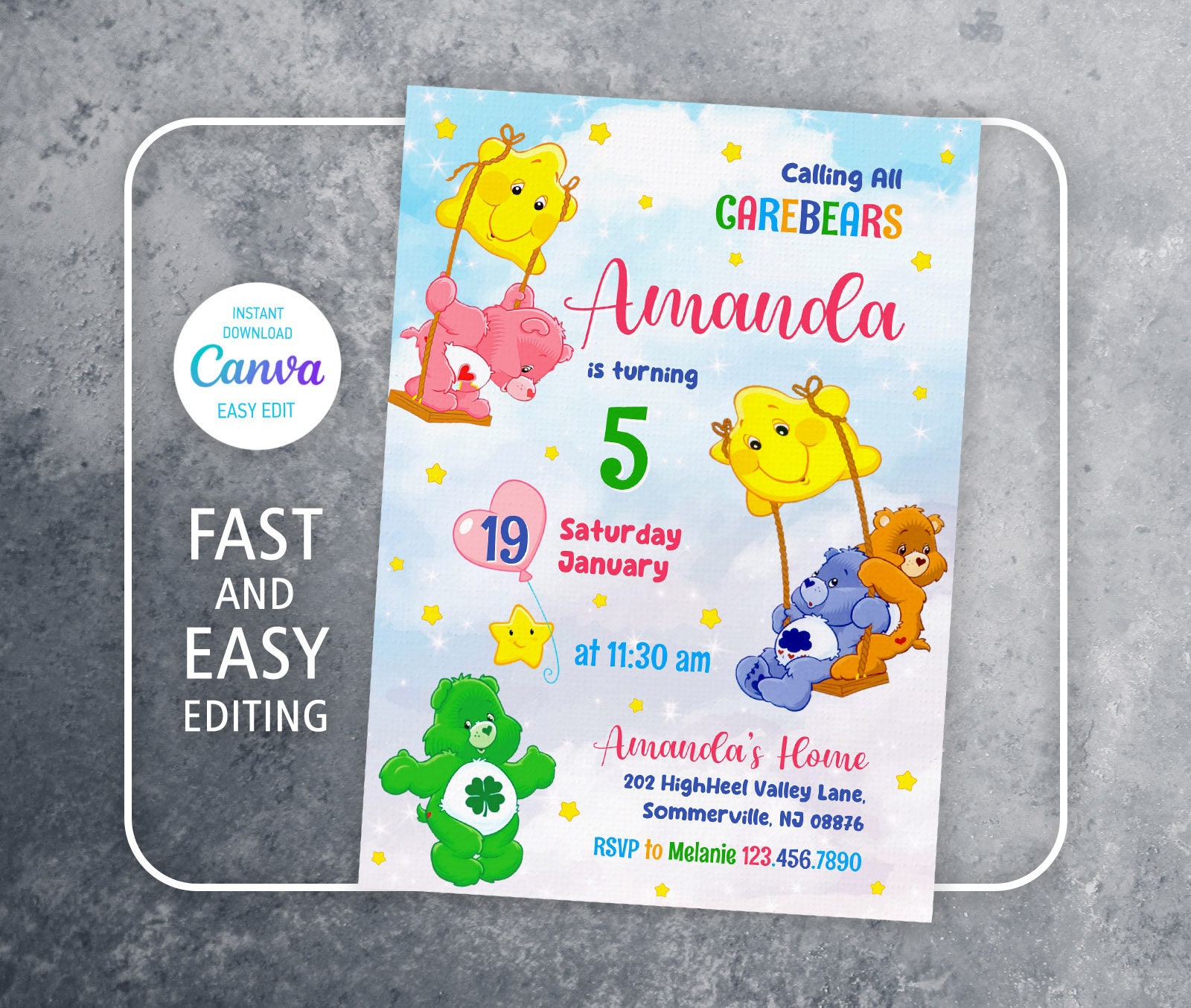 Printable Editable Care Bears Birthday Invitation, Birthday Party ...