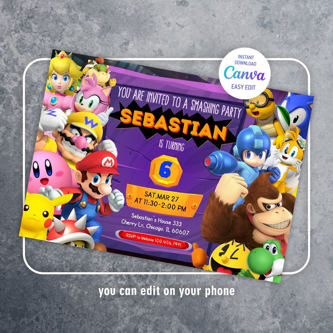 Printable Smash Bros Invitation, Fighting Birthday Invite, Editable ...