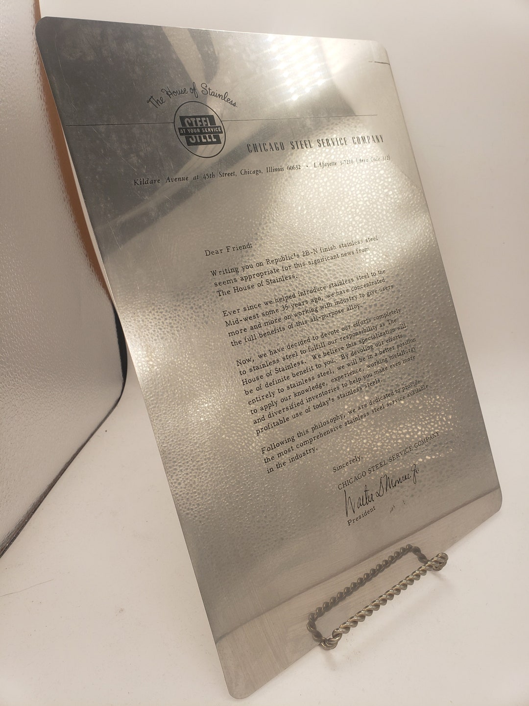 1950s Letter Printed on Stainless Steel From the President of the ...