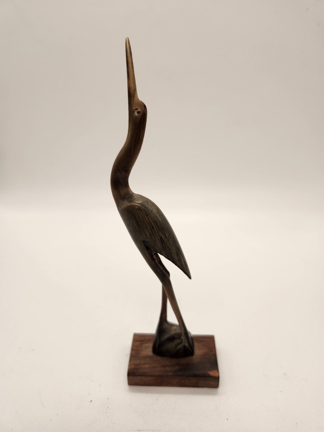 Vintage Crane Hand Carved From Horn on Wooden Base, 7" Tall Crane ...