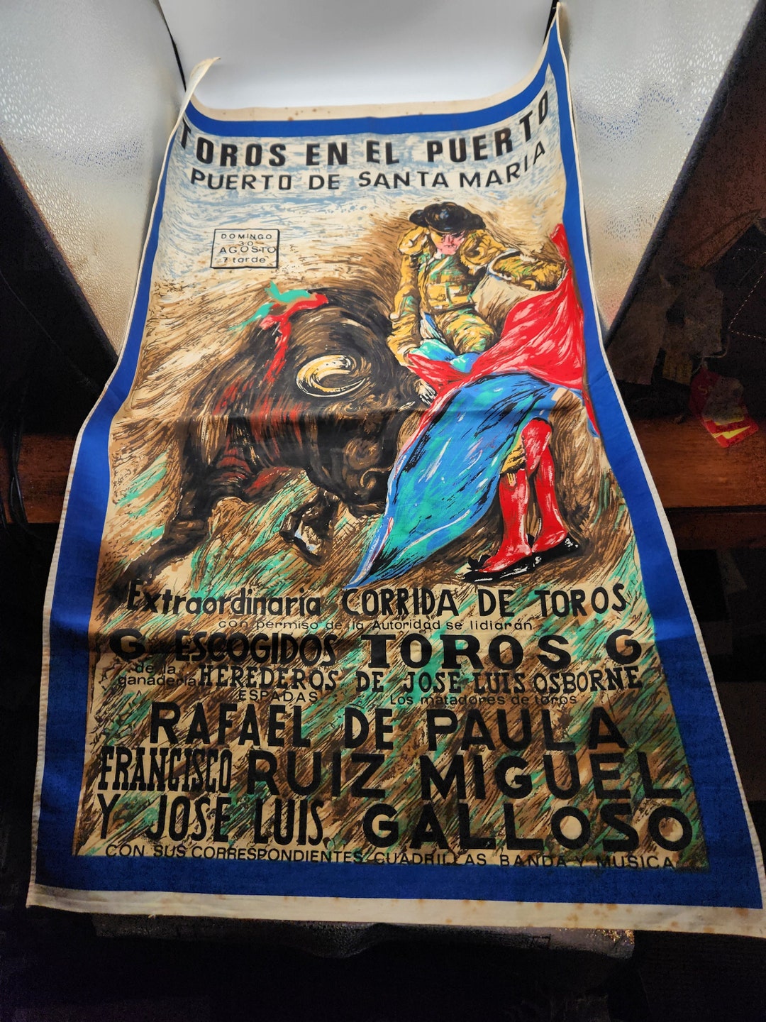 Vintage Cloth Spanish Bullfighting Poster on Linen, Toros En El Puerto ...