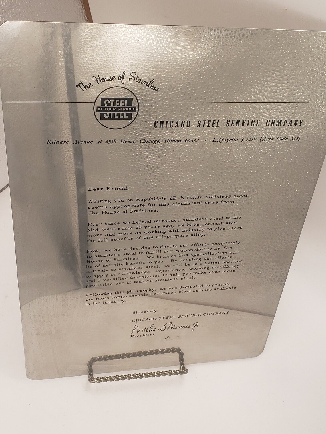 1950s Letter Printed on Stainless Steel From the President of the ...