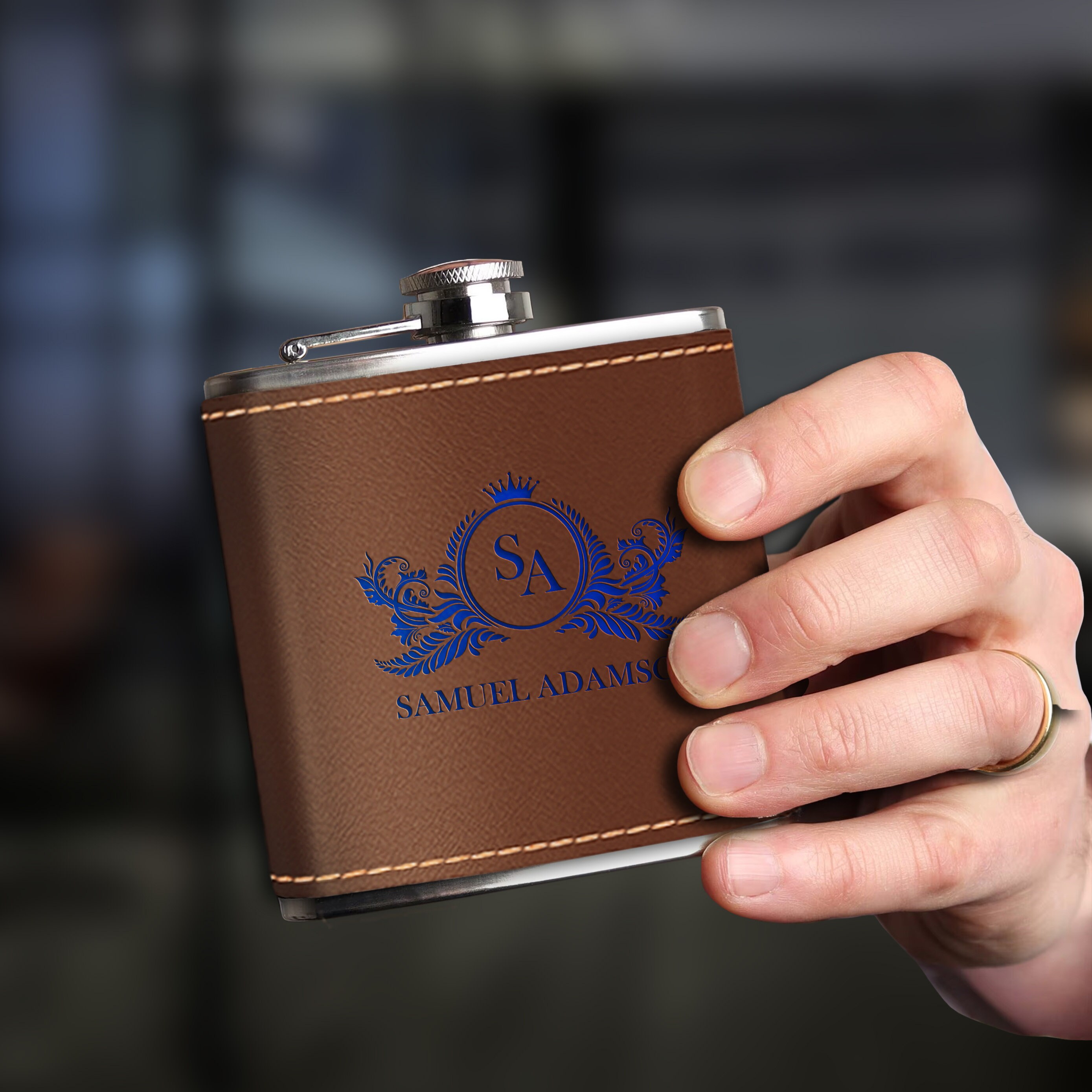 Personalized Leather Flask Gift Set for Men Custom Engraved Wood Box ...