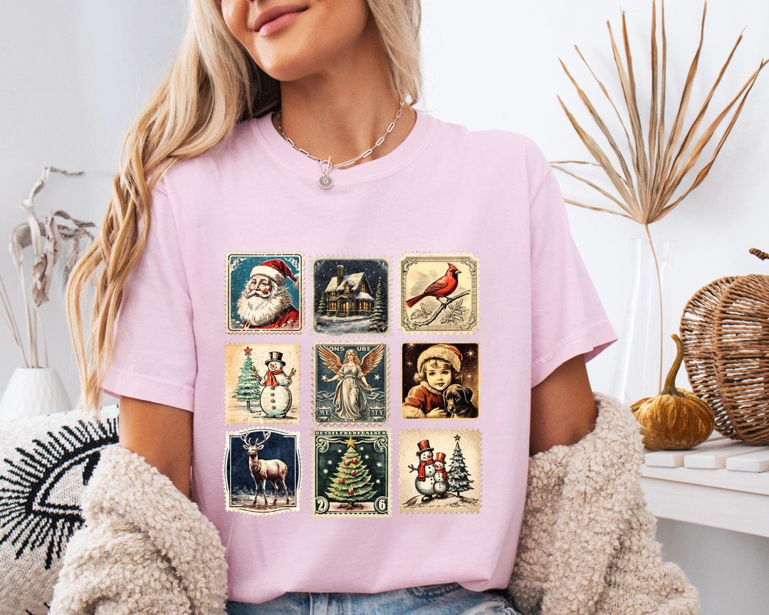 Vintage Christmas Shirt, Christmas Stamps T-shirt, Womens Christmas ...
