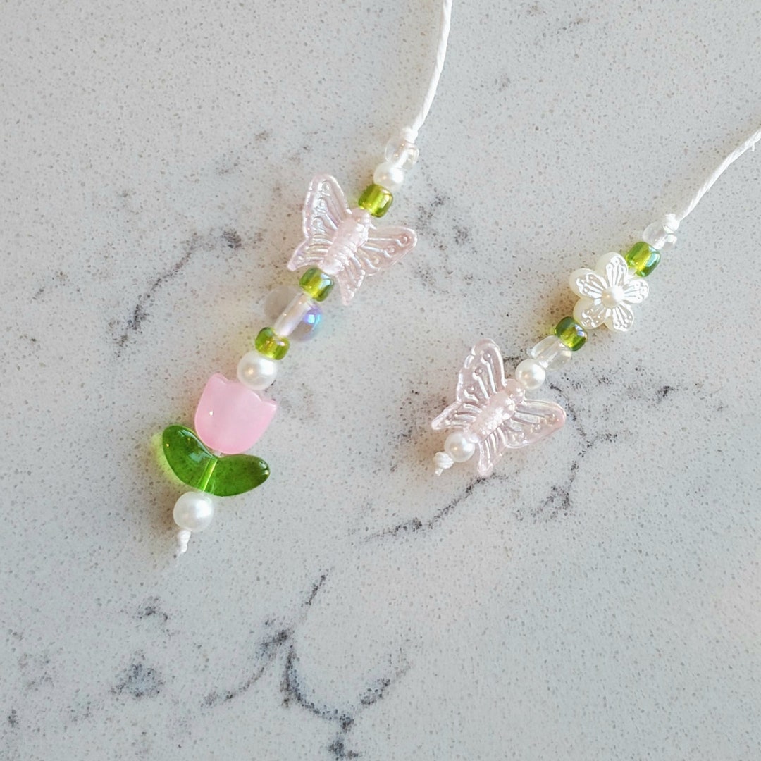 Spring Beaded Bookmark, Pink and Butterfly Bead String Bookmark - Etsy