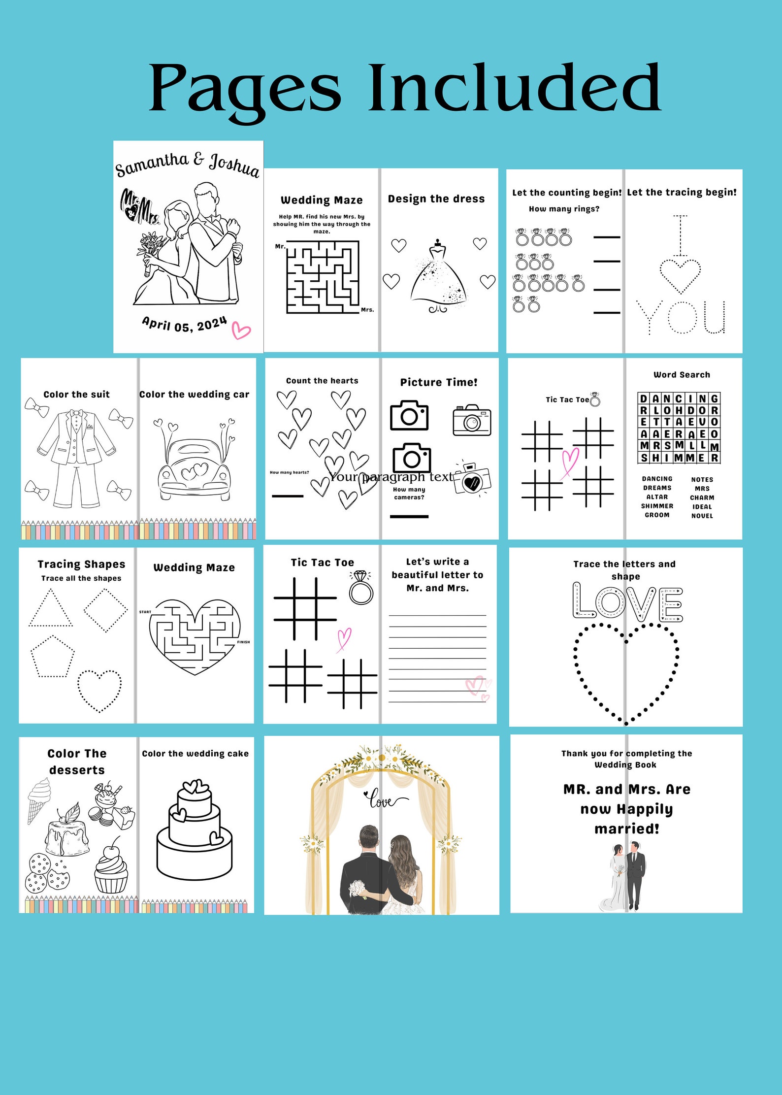 Custom Kids Wedding Coloring Activity Book, Activity Worksheets ...