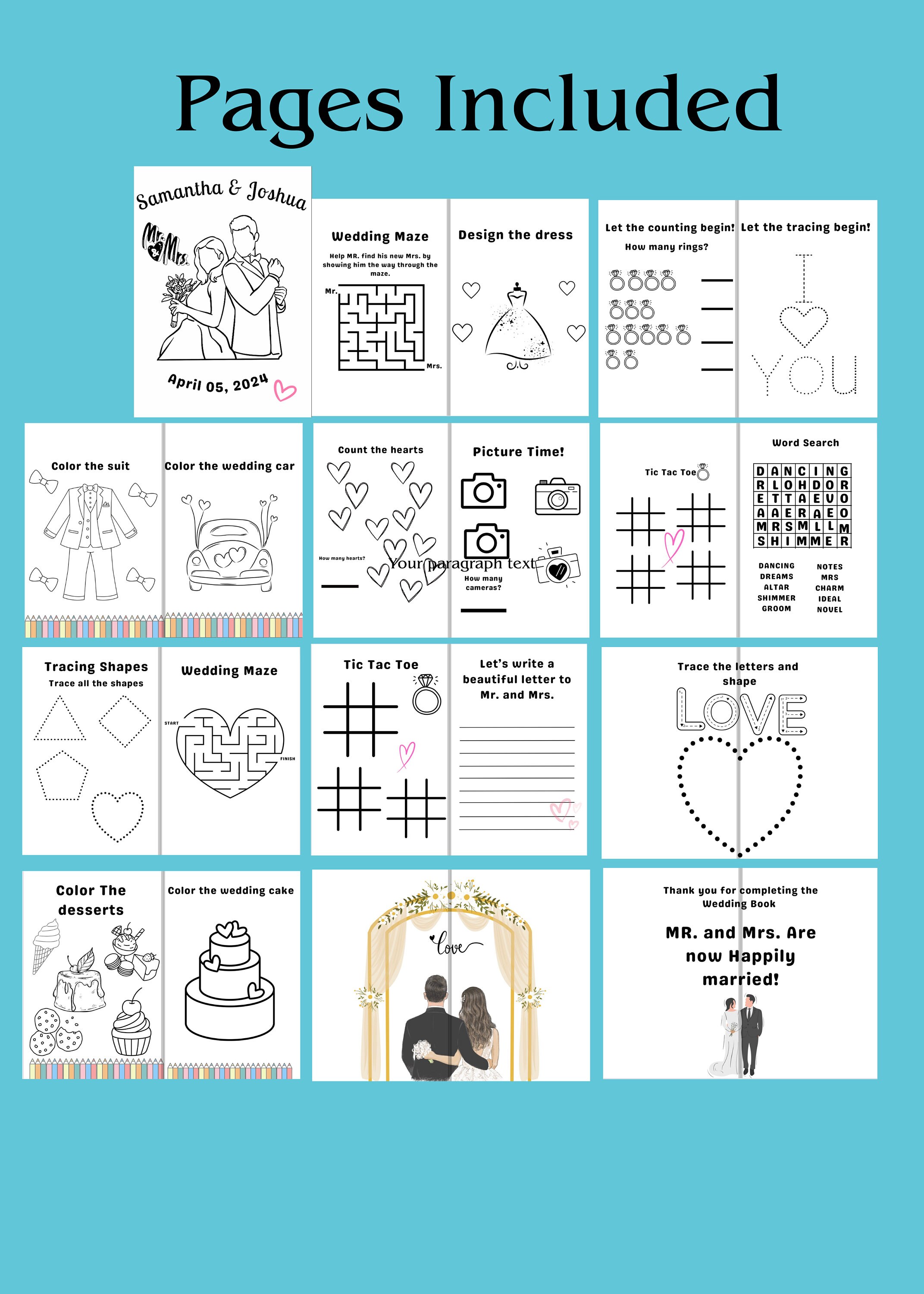 Custom Kids Wedding Coloring Activity Book, Activity Worksheets ...