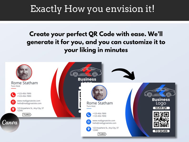 Editable QR Code Custom Business Cards for Turo Hosts, Car Rental ...