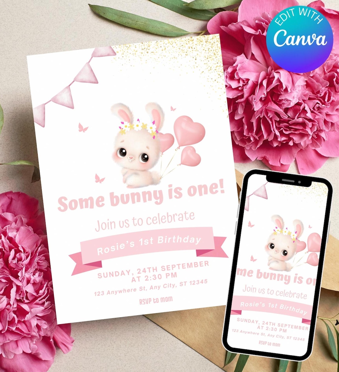 Editable Bunny Birthday Invitation Some Bunny is Turning One Birthday ...