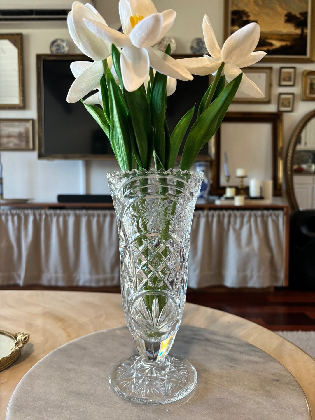 Vintage Patterned & Etched Footed Lead Crystal Vase 9'' / Daisy and ...