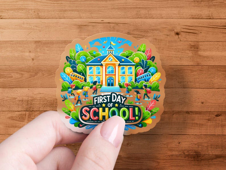 First Day of School Sticker, Colorful School Building Sticker, Back to ...