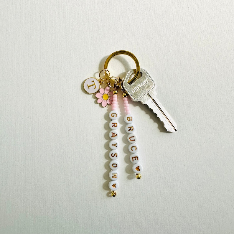 Personalized Beaded Keychain Gold, Custom Name Keyring, Beaded Name Tag ...