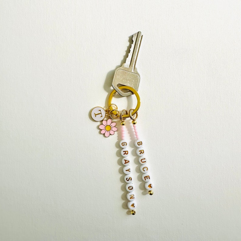 Personalized Beaded Keychain Gold, Custom Name Keyring, Beaded Name Tag ...