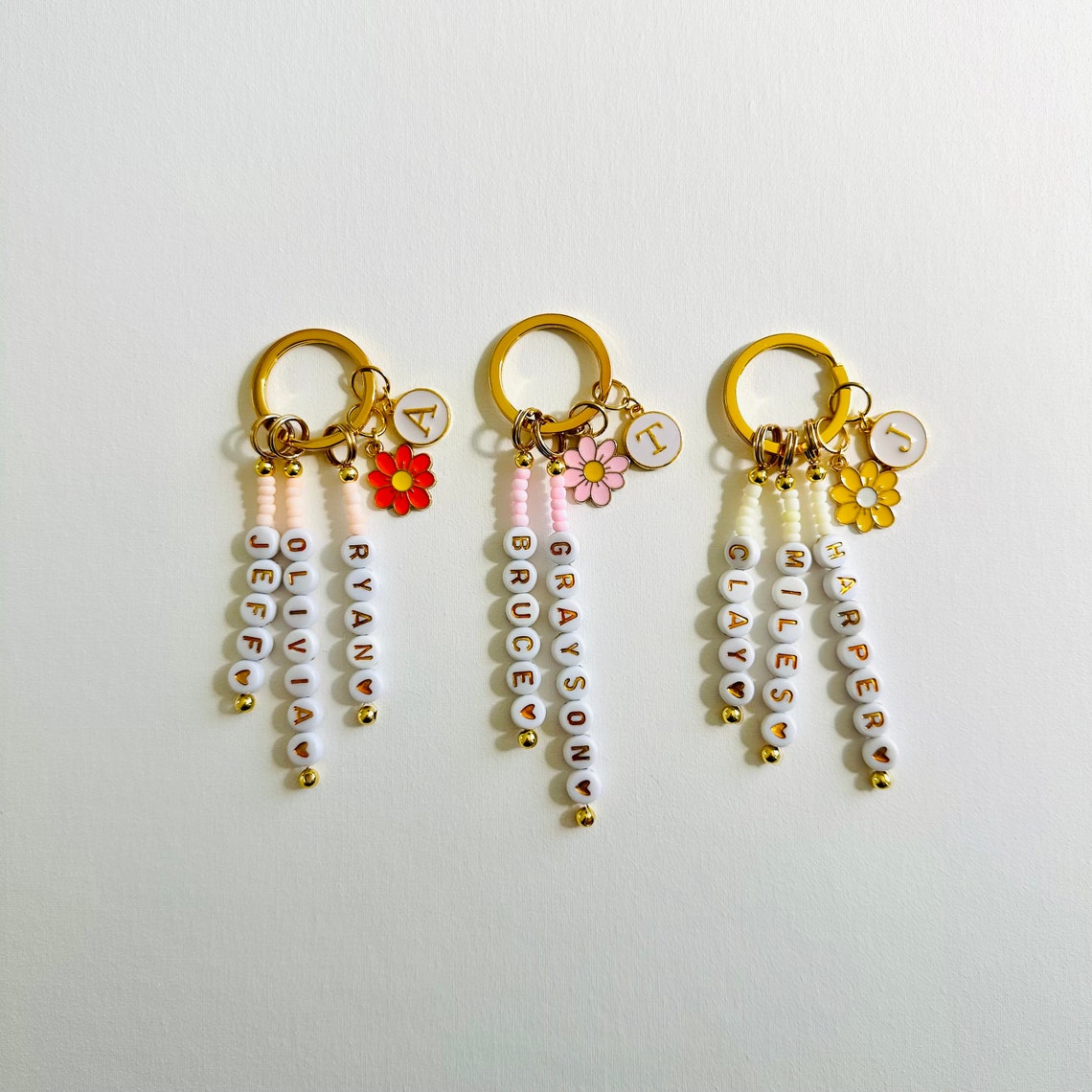 Personalized Beaded Keychain Gold, Custom Name Keyring, Beaded Name Tag ...