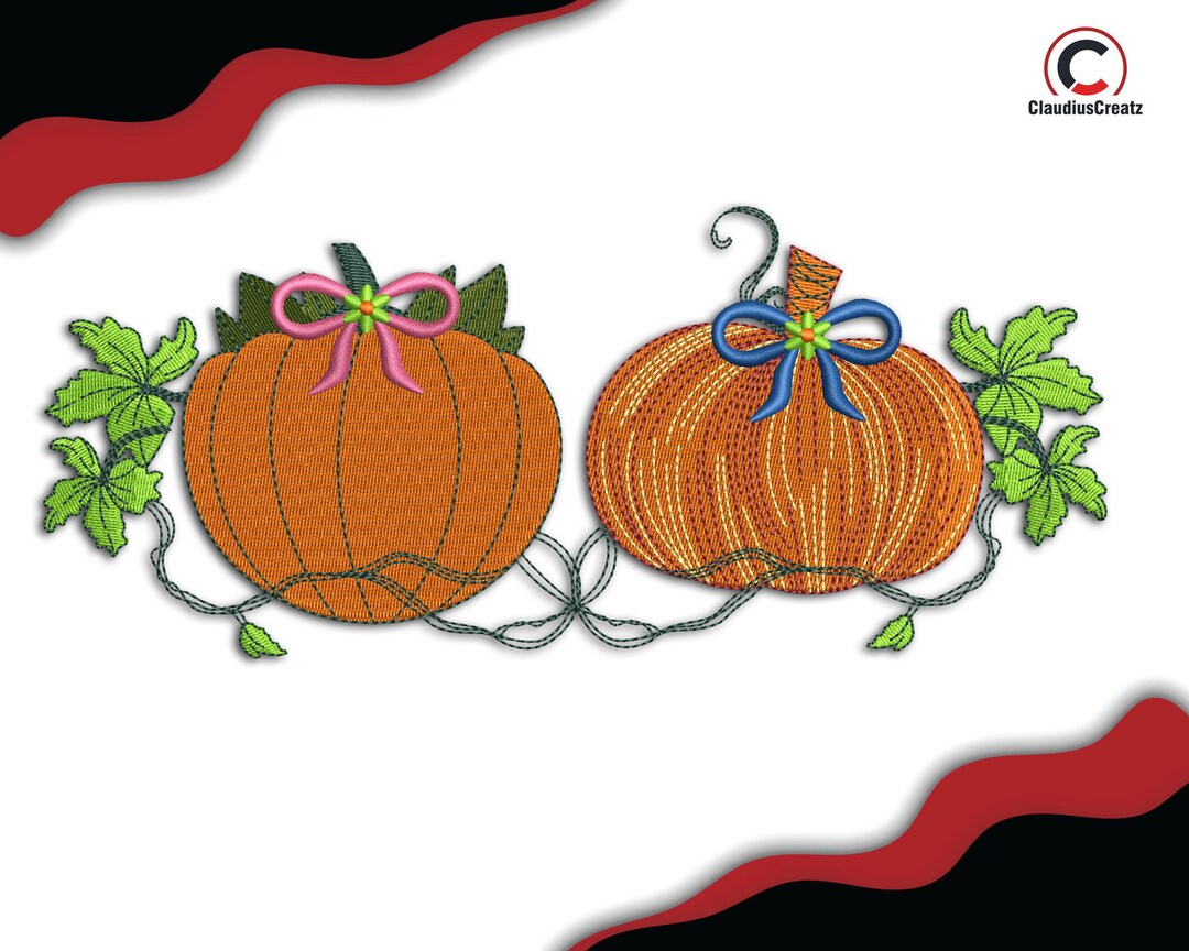 Pumpkins With Bow Embroidery Design, Autumn Pumpkins With Leaves ...