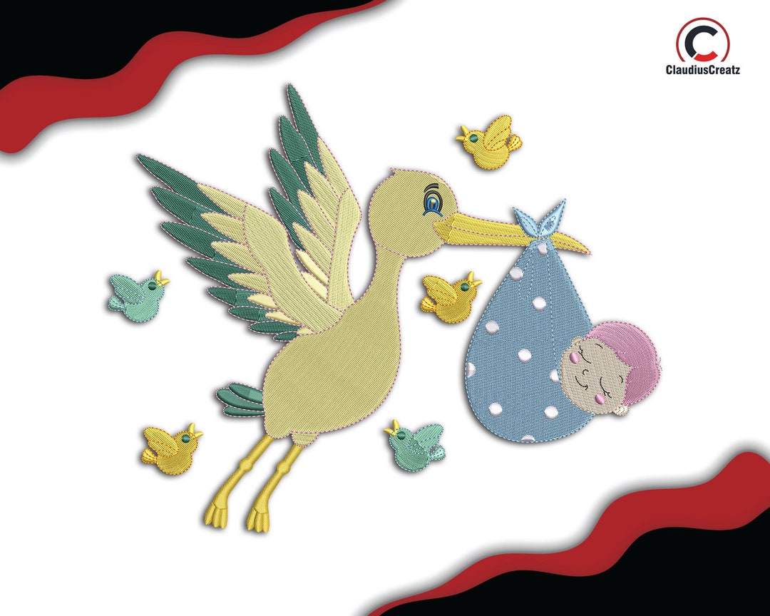 Stork Embroidery Design, Stork With Baby Machine Embroidery Pattern ...