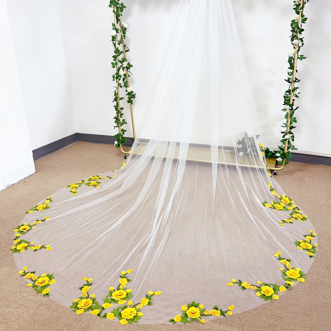 Yellow Roses Lace Veils,cathedral Ivory Wedding Veil,long Wedding Veils ...