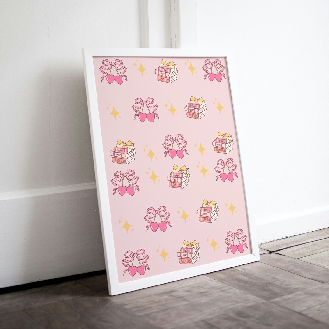 Set of 2 Trendy Pink Books, Bows and Cherries Wall Art, Cute Poster ...