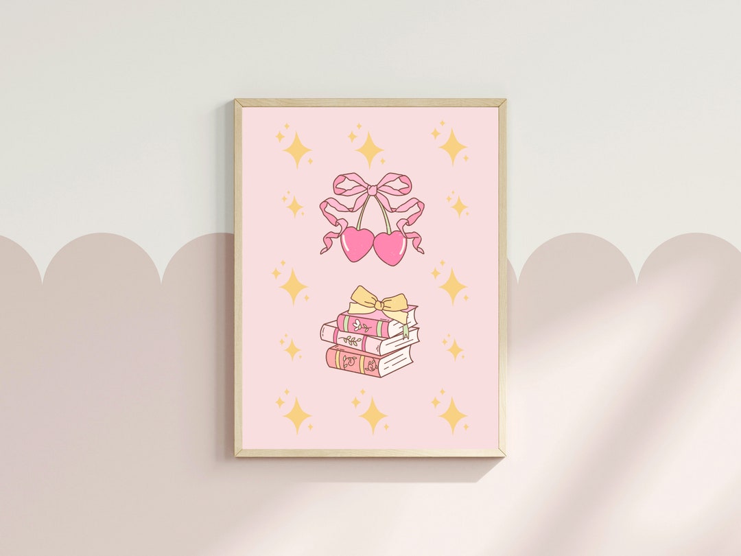 Set of 2 Trendy Pink Books, Bows and Cherries Wall Art, Cute Poster ...