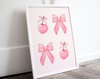 Cherry Wall Art Print, Trendy Pink Bows Coquette, Preppy Poster ...